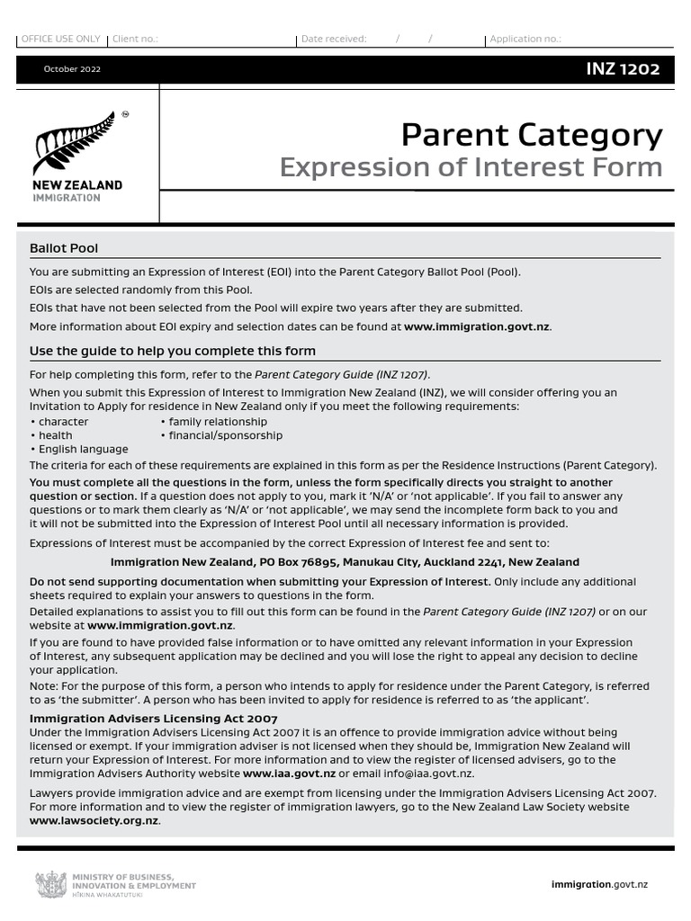 Parent Category EOI Form - INZ 1202 | PDF