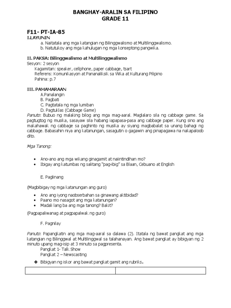 Banghay Aralin Sa Filipino Grade 11 F11 | PDF
