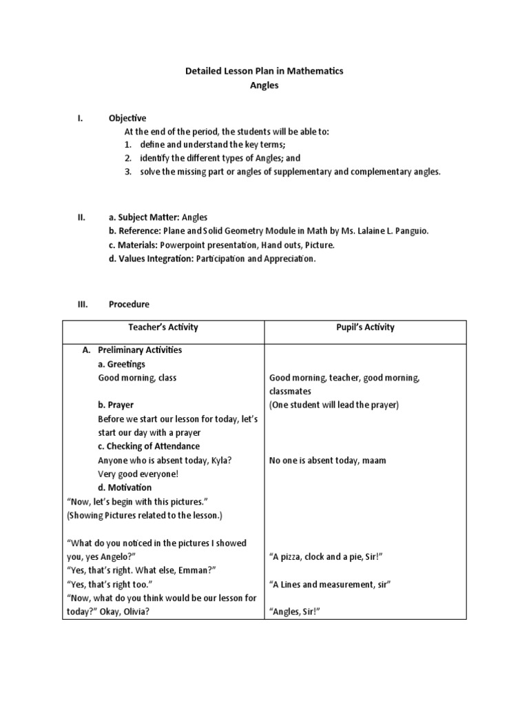 Detailed Lesson Plan in Math | PDF | Angle | Geometric Measurement