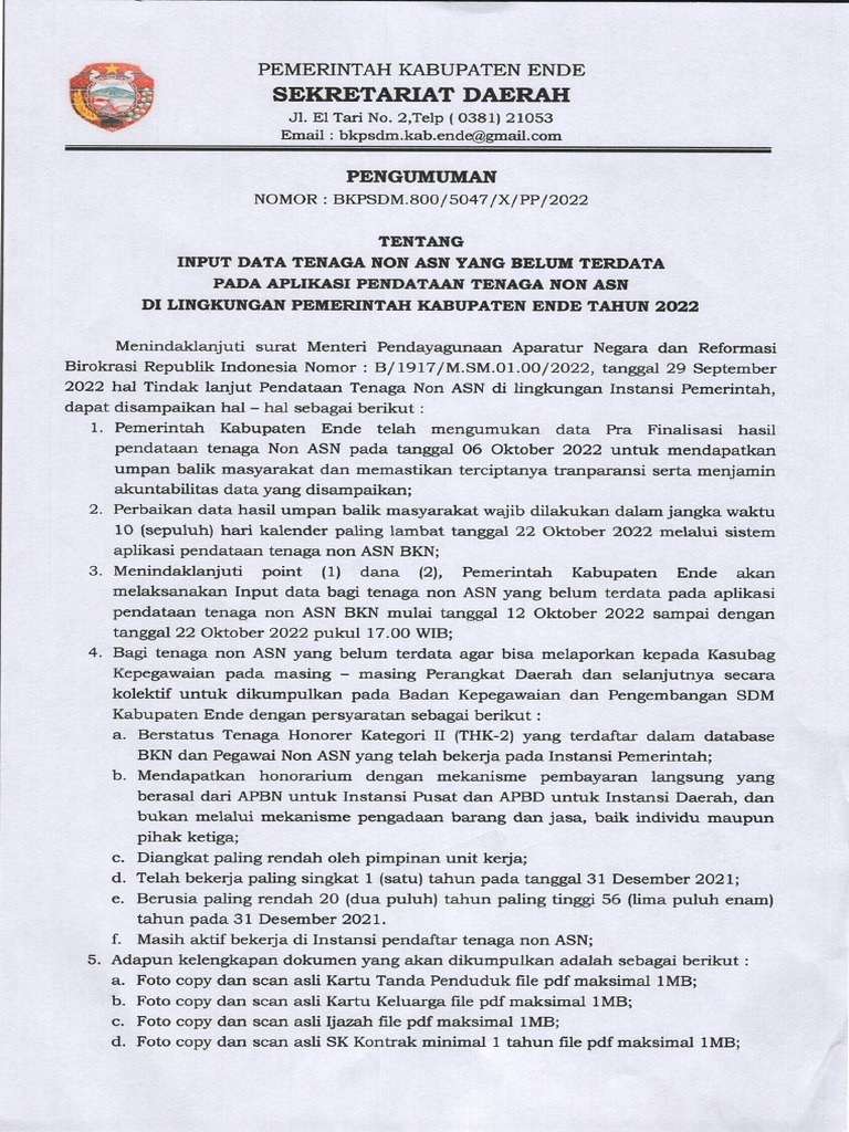 Pengumuman - Input Data Tenaga Non Asn | PDF