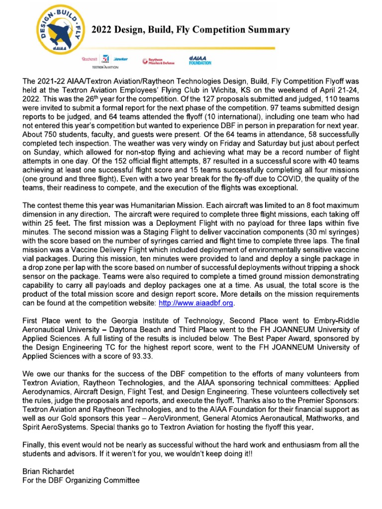 2022 Aiaa DBF Top 3 Reports | PDF | Aircraft | Monoplane