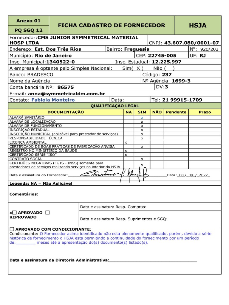 Anexo 01 PQ SGQ 12 - Ficha de Cadastro de Fornecedor | PDF