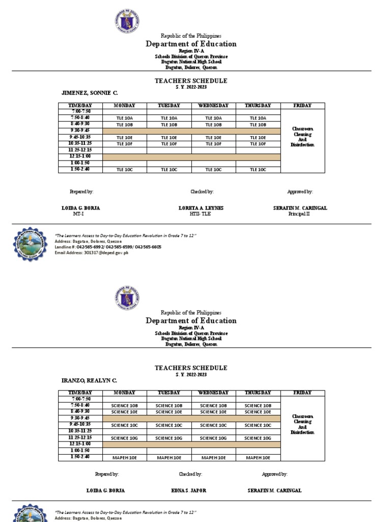 2022 2023 - F2F G10 Teachersked | PDF | Classroom