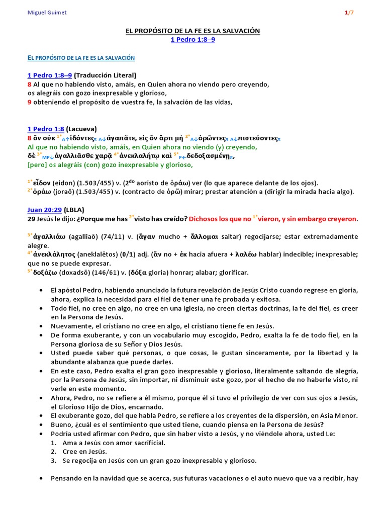 1 Pedro 1 8 9 El Propósito De La Fe Es La Salvación Pdf Salvación Fe