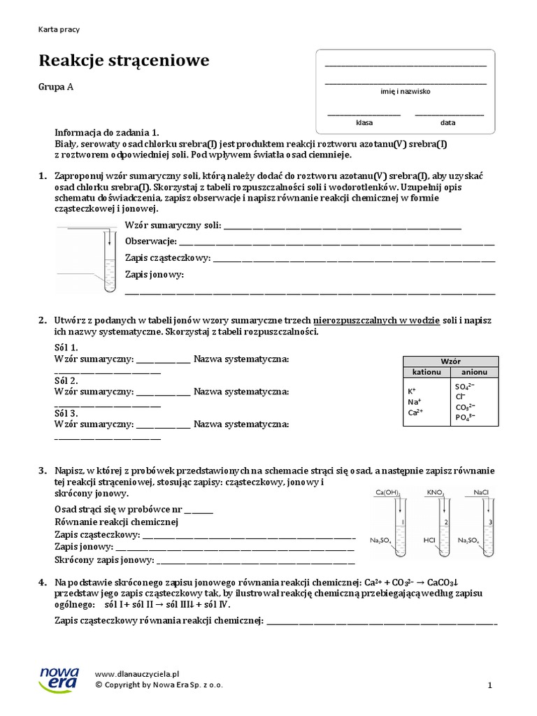 Karta Pracy Reakcje Straceniowe | PDF
