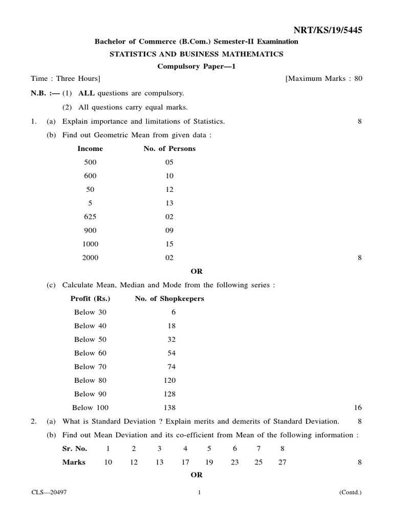 Statistics and Business Mathematics Compulsory Paper-1: NRT/KS/19/5445 ...
