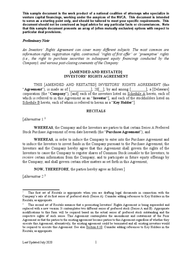 TEMPLATE Investors Rights Agreement NVCA National Venture Capital Association | PDF | Securities ...