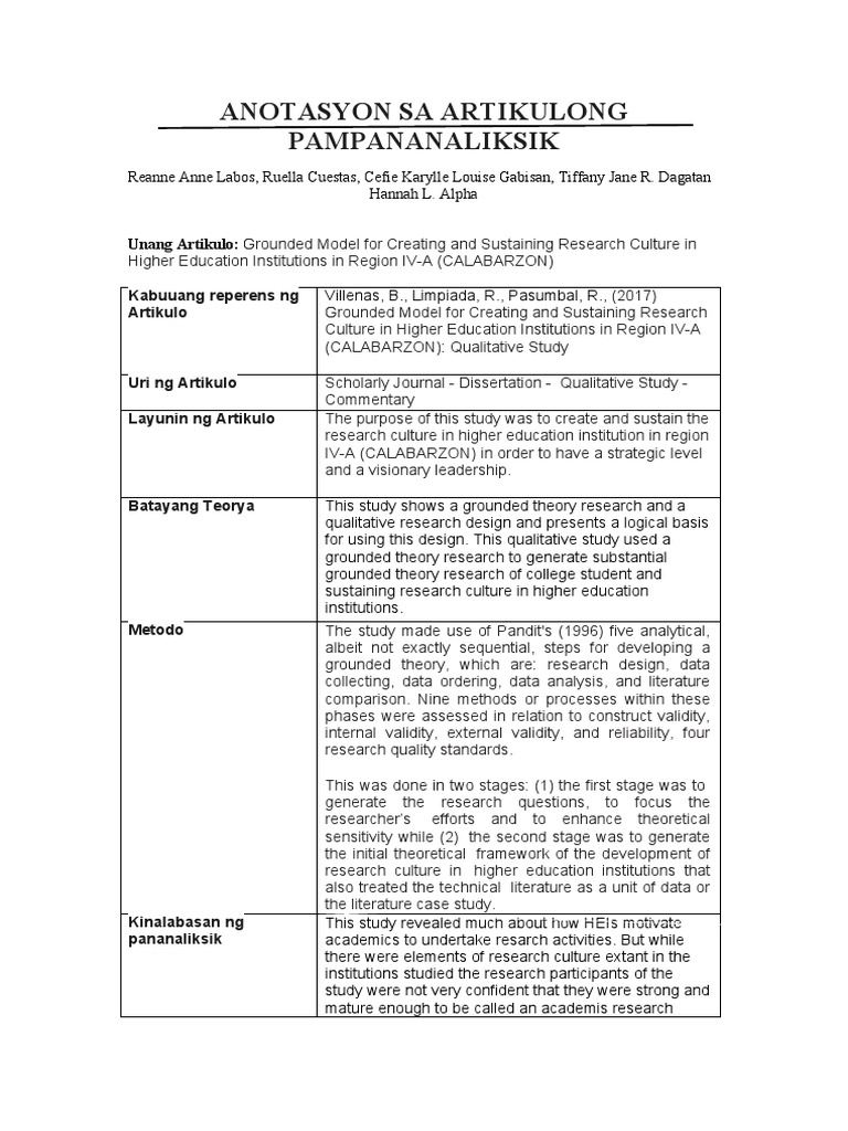 Anotasyon Sa Artikulong Pampananaliksik | PDF | Qualitative Research ...