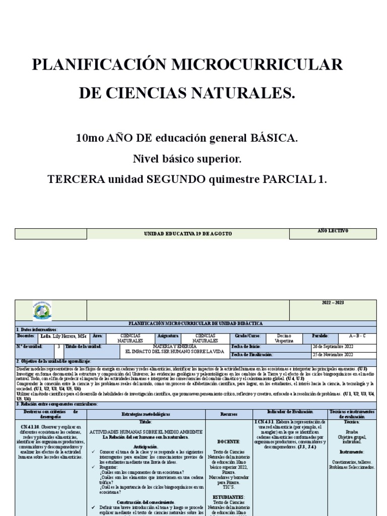Planificación Ciencias Naturales 10MO. SEMANA 1Q 1P | PDF | Ecología ...