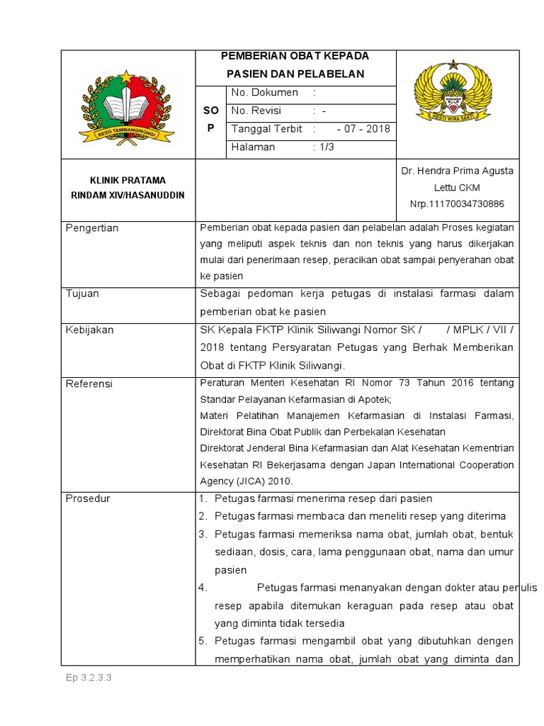 Sop Pemberian Obat Kepada Pasien Dan Pelabelan | PDF | Kesehatan Holistik