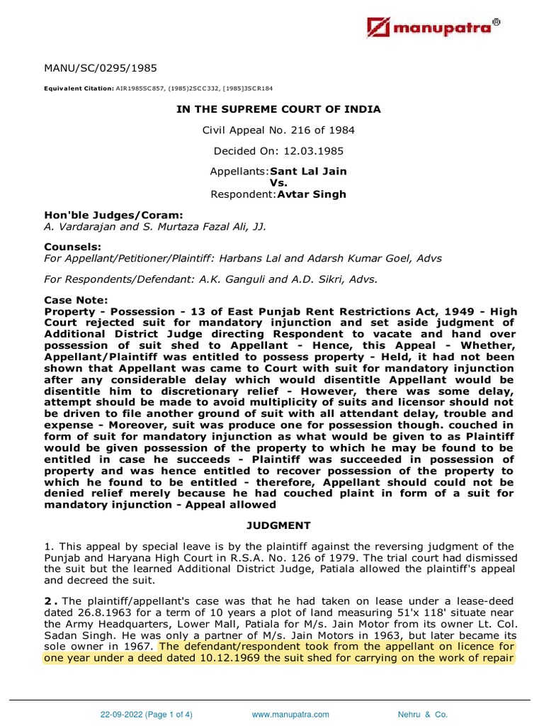 Sant Lal Jain Vs Avtar Singh | PDF