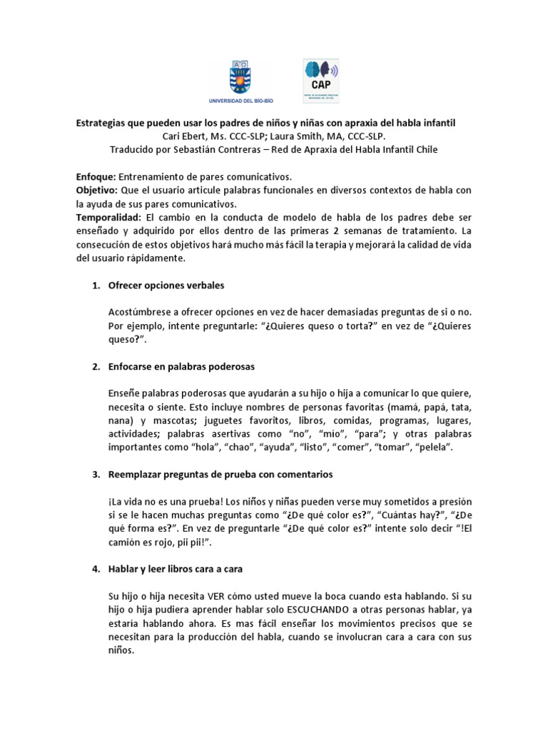 Estrategias Que Pueden Usar Los Padres de Niños y Niñas Con Apraxia Del ... Estrategias Que Pueden Usar Los Padres de Niños y Niñas Con Apraxia Del ...