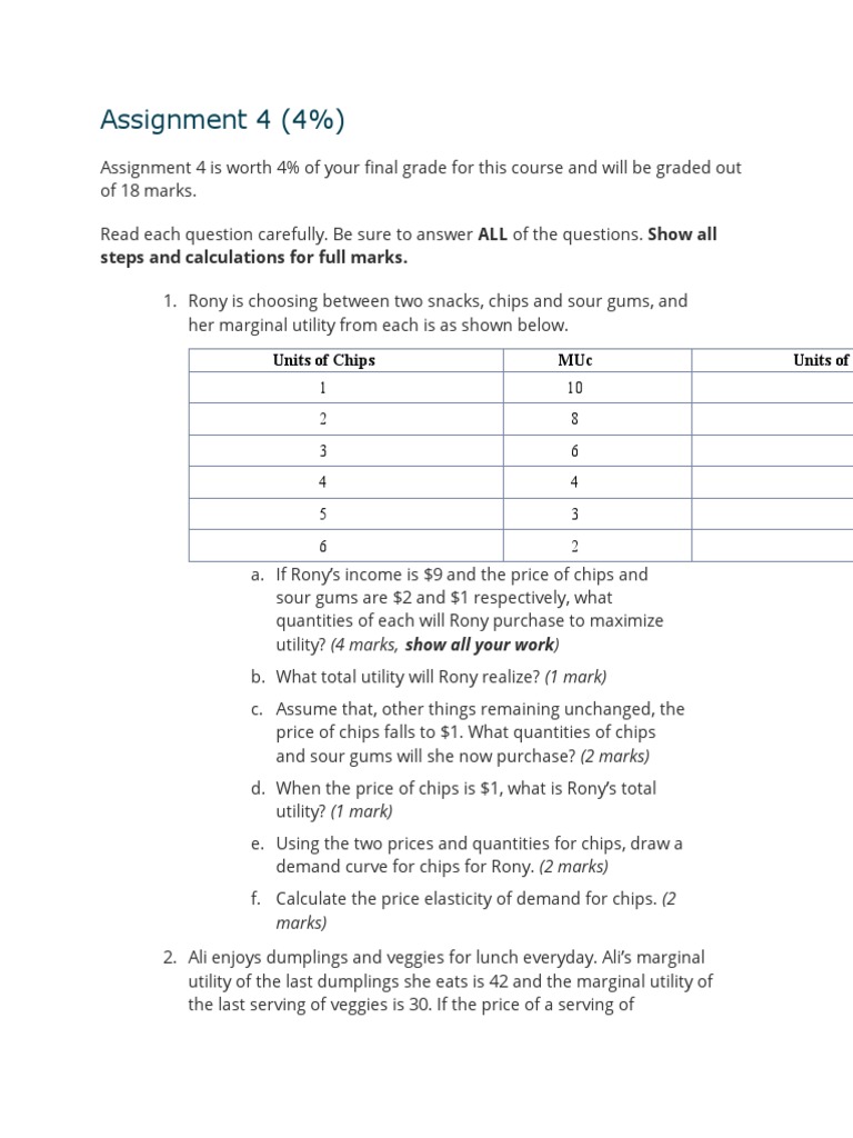 Assignment 4 (4%) : Steps and Calculations For Full Marks | PDF | Utility | Demand Curve