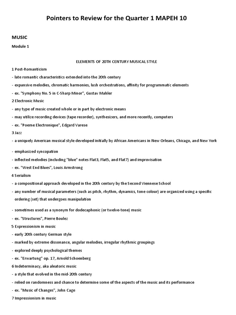 Pointers To Review For The Quarter 1 MAPEH 10 | PDF