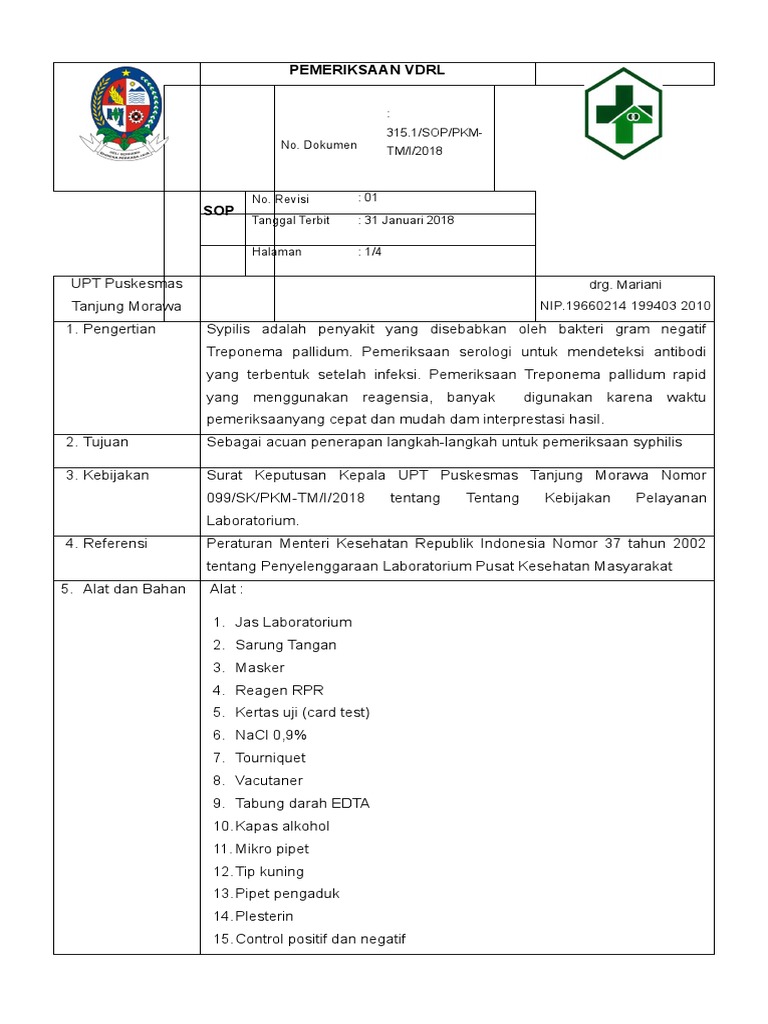 '18 8.1.1.1 Sop Pemeriksaan VDRL | PDF