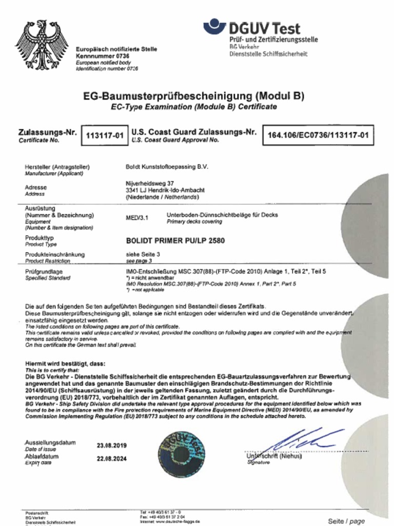 A-Bolidt Primer PU LP 2580.DGUV Test. Cert - En.2024-08-22 | PDF