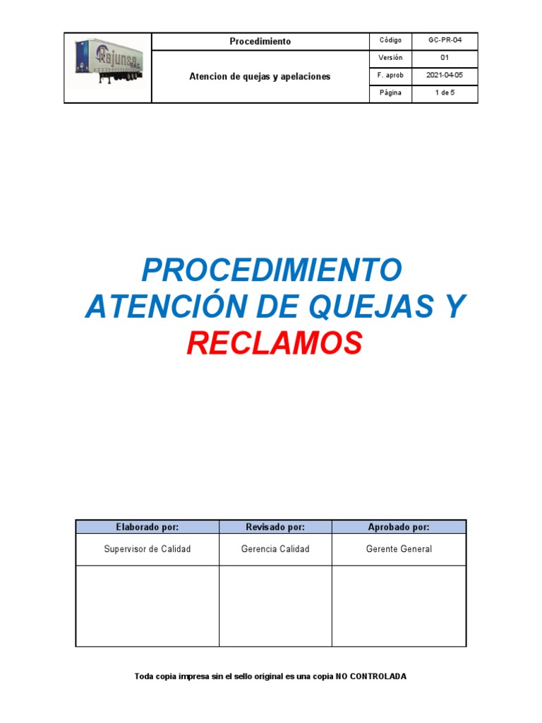 GC-PR-04 Atención de Quejas v01 | PDF | Sistema de manejo de calidad