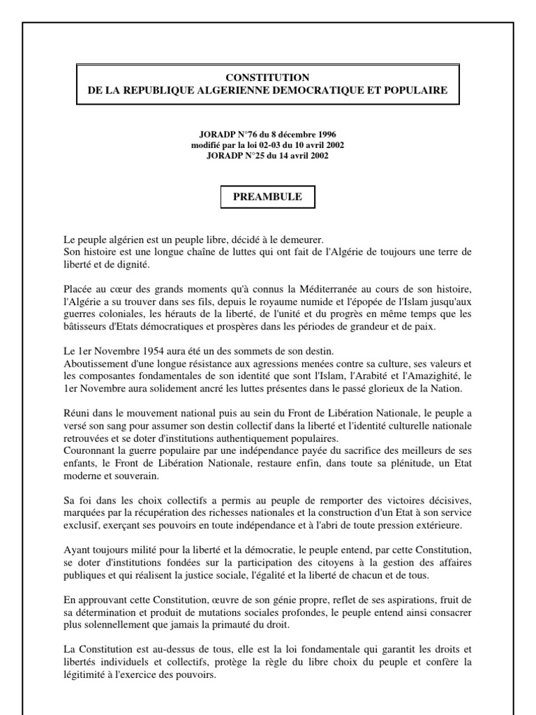 Constitution Algérienne | PDF | État | Législation