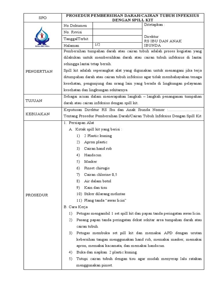 Spo Prosedur Pembersihan Cairan Spill Kit | PDF