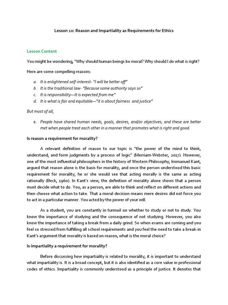 Final Ethics Lessons 10 11 | PDF | Reason | Morality