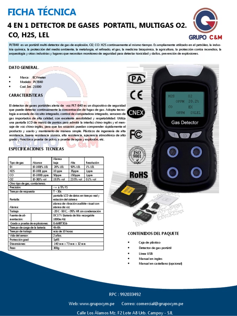 Ficha Tecnica 4 en 1 Detector de Gases Portatil, Multigas O2. Co, H2S, Lel | PDF