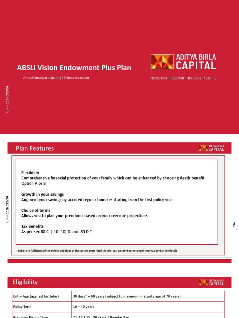 ABSLI Vision Endowment Plus Plan Presentation | PDF | Insurance | Life Insurance