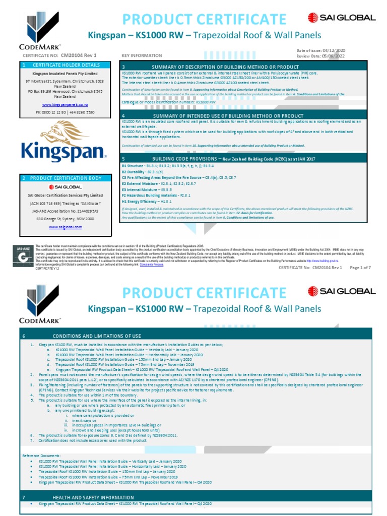 Kingspan KS1000 RW Certification Details | PDF | Building Engineering ...