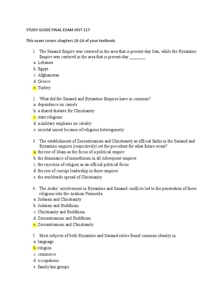 STUDY GUIDE Final Exam HIST 117 | PDF | Muhammad | Byzantine Empire