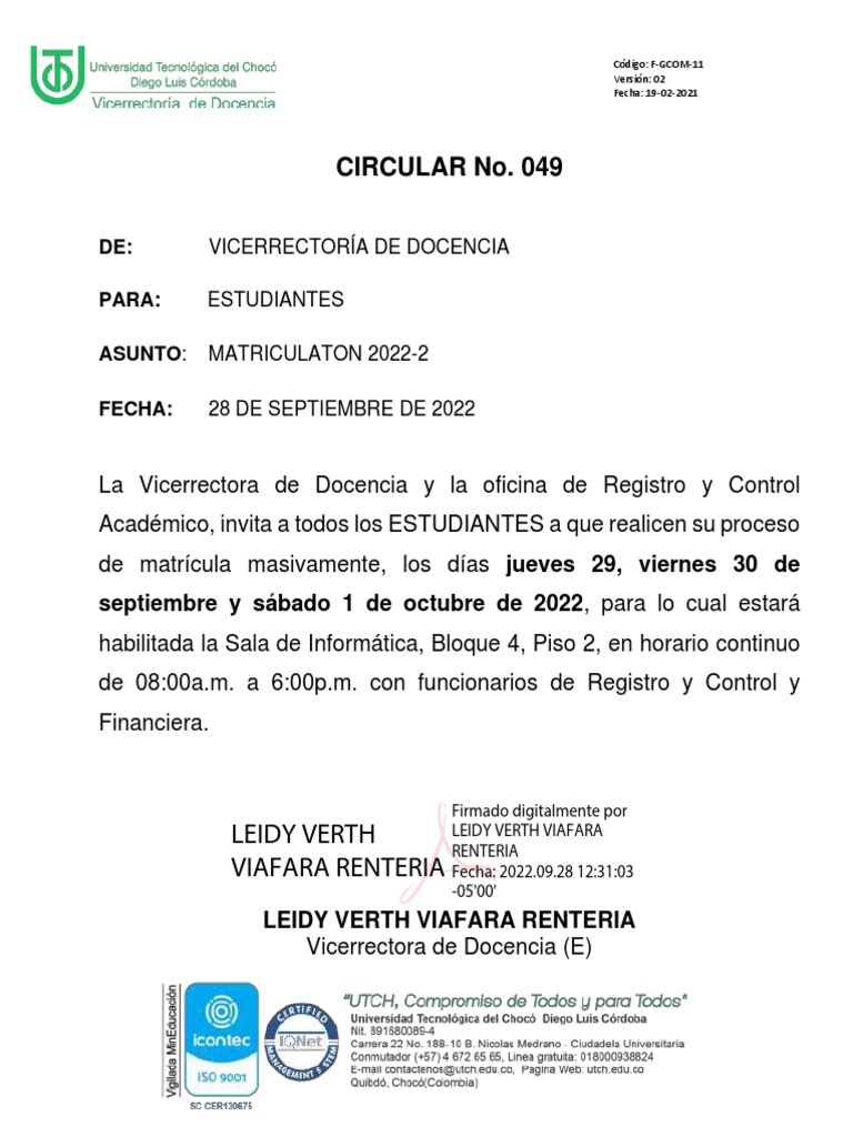 Circular 049 Matriculaton 2022-2 | PDF | Negocios | Tecnología