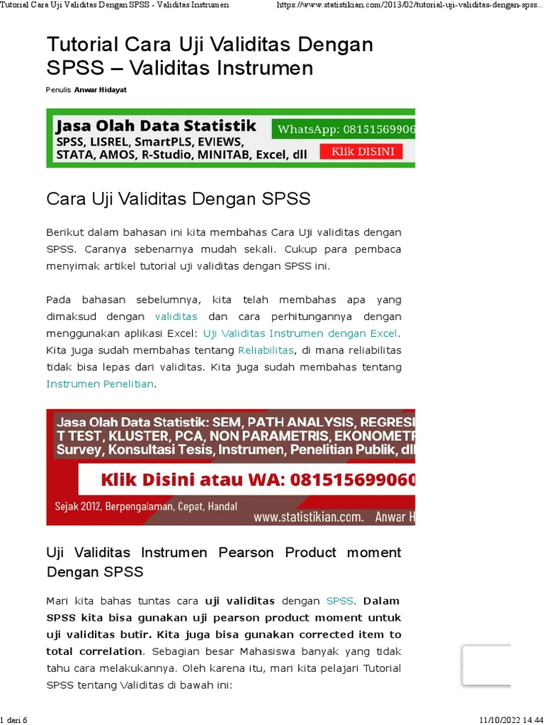 Tutorial Cara Uji Validitas Dengan SPSS - Validitas Instrumen | PDF