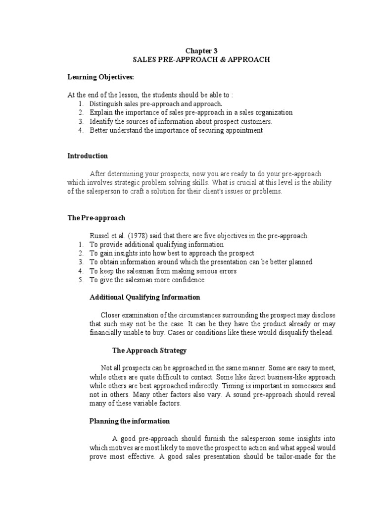 Unit III - SALES PRE-APPROACH & APPROACH | PDF | Sales