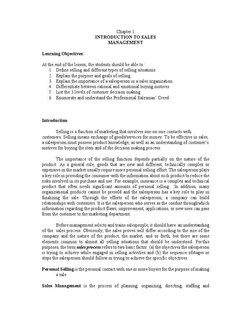 Chapter 1-INTRODUCTION TO SALES MANAGEMENT | PDF | Sales | Customer