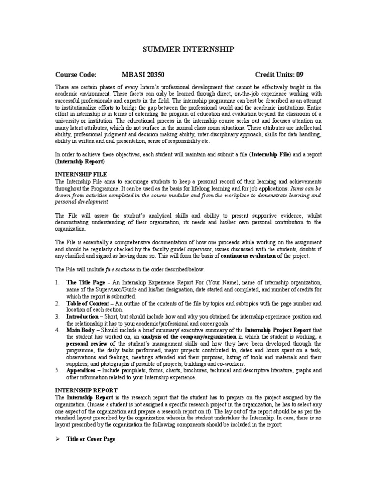 Mba Summer Internship Format | Internship | Abstract (Summary) | Free ...