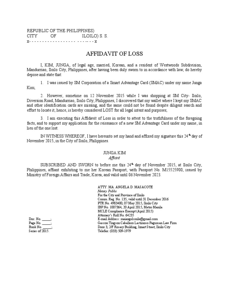 Affidavit of Loss (Kim - MK) | PDF | Social Science