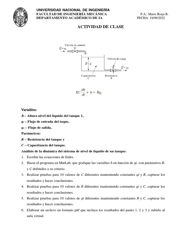 Análisis de la dinámica del sistema de nivel de líquido de un tanque ...