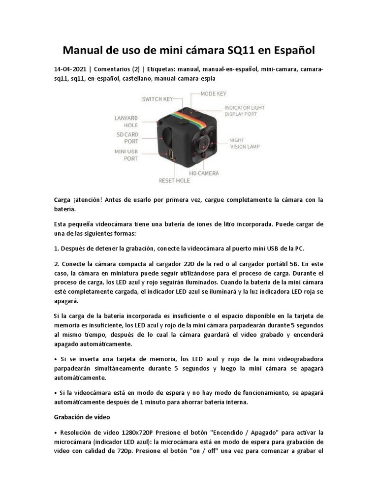 Manual de Uso de Mini Cámara SQ11 en Español | PDF | Diodo emisor de ...