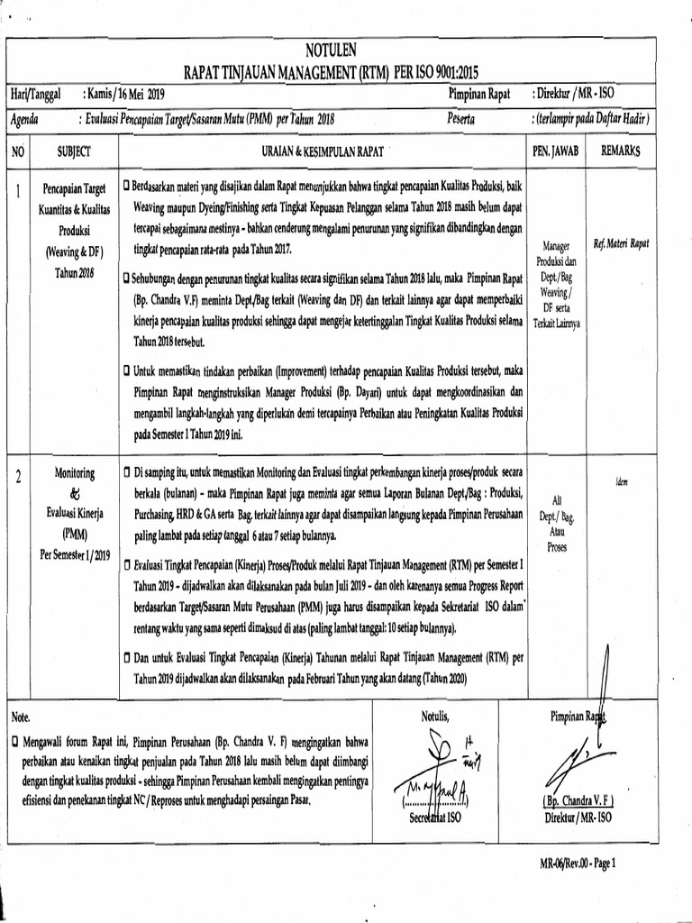 Notulen RTM Iv Per Iso 9001 2015 May 2019 Ok | PDF