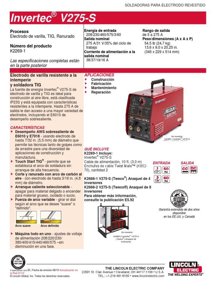 Ficha Técnica Invertec V275-S | PDF | Soldadura | Construcción