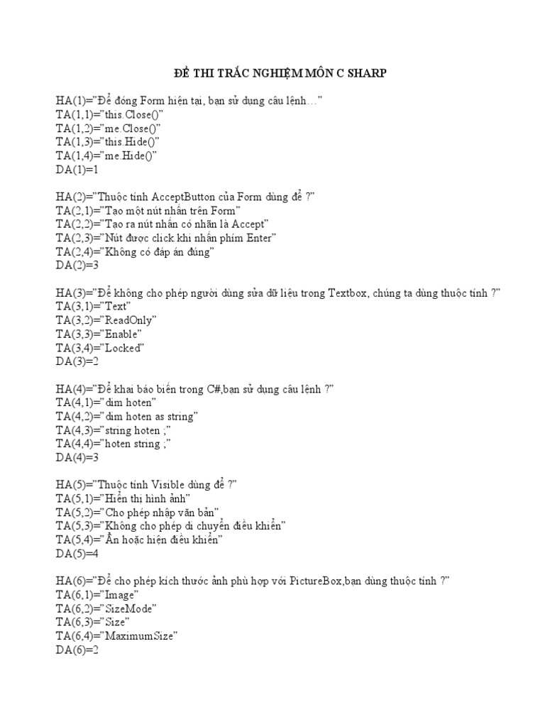 Đề Thi Trắc Nghiệm Môn C Sharp | PDF