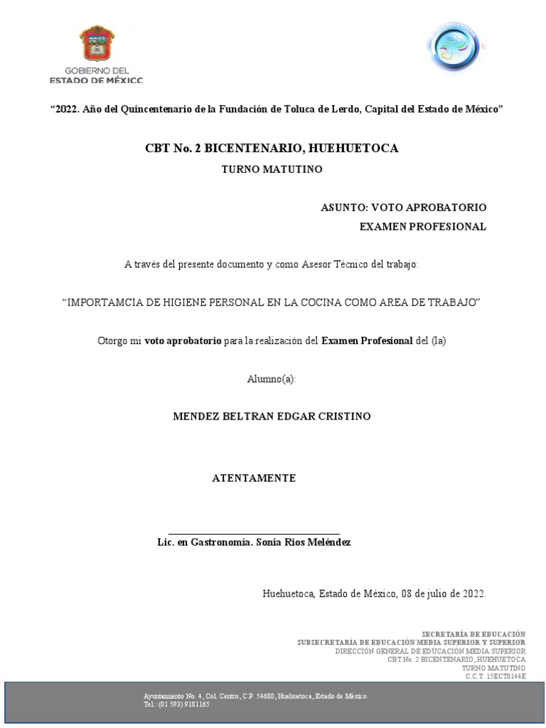 Voto Aprobatorio Examen Profesional CBT 2 | PDF