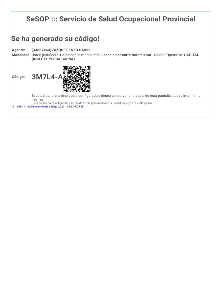 SeSOP - Servicio de Salud Ocupacional Provincial - Imprimir Codigos | PDF