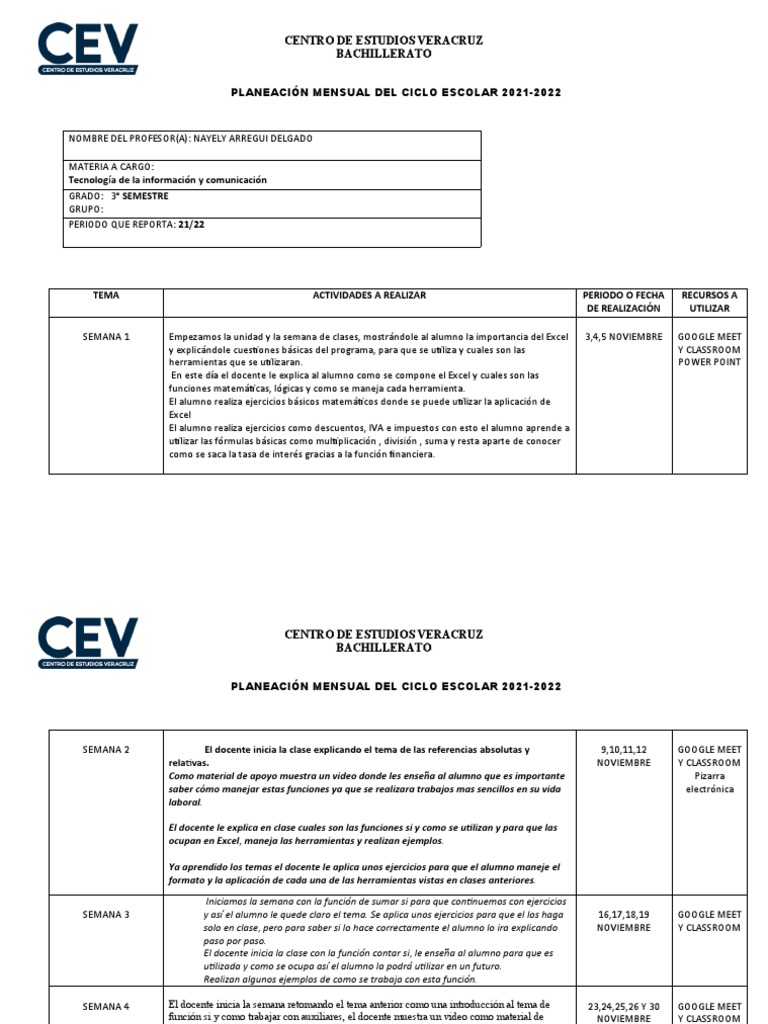 Planeaciones Info 3 Semetre Noviembre | PDF | Microsoft Excel