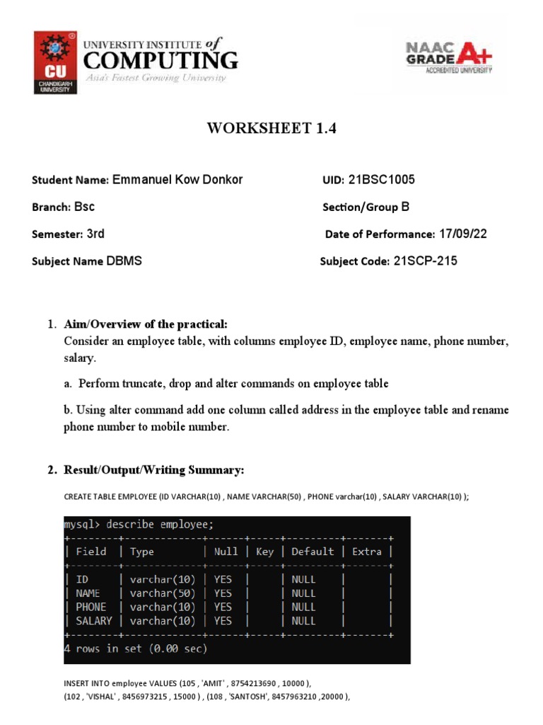 Worksheet 1.4 DBMS | PDF