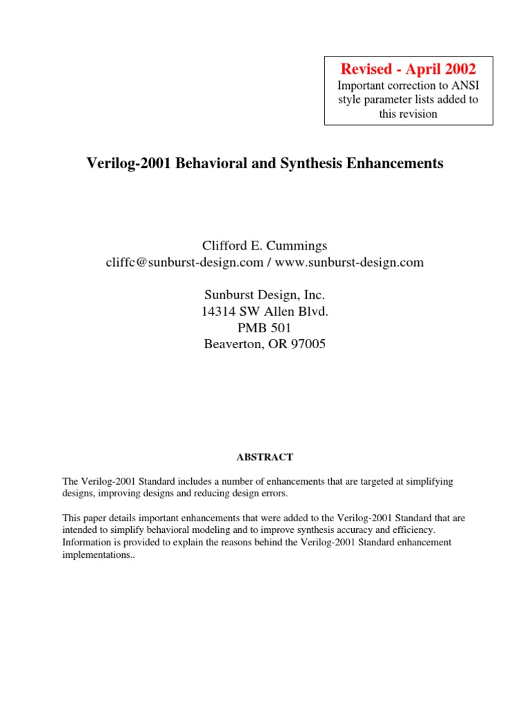 Verilog 2001 Behavioral And Synthesis Enhancements Revised April 2002 Pdf Array Data