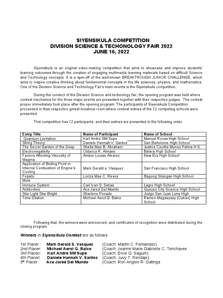 Siyensikula Contest Showcases Students' Science Videos | PDF | Science ...