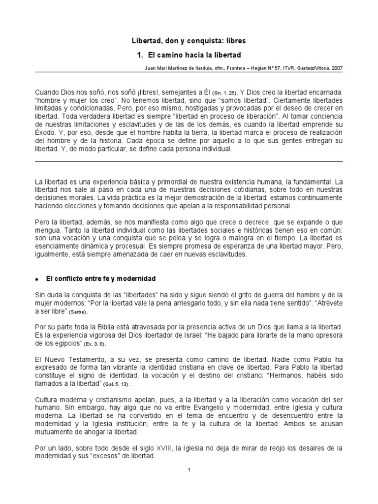 El camino hacia la libertad: la libertad como don, vocación y conquista ...