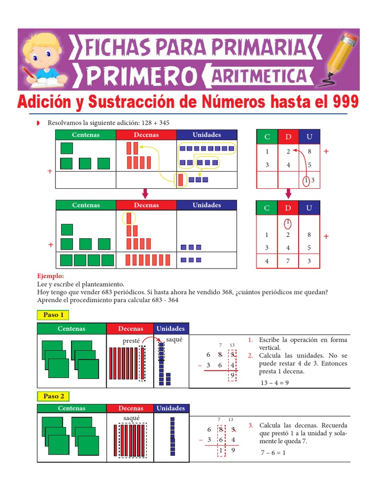 Adición y Sustracción de Números Hasta El 999 para Primero de Primaria ...
