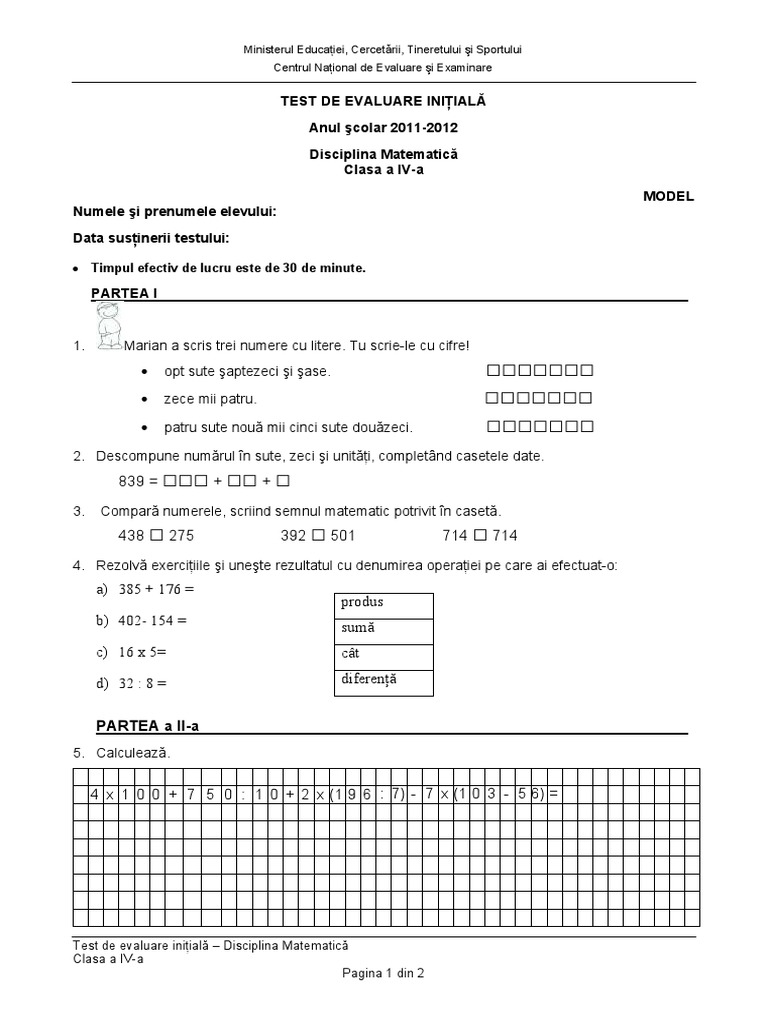 Evaluare Initiala Matematica Clasa A Iv-A Model Oficial | PDF