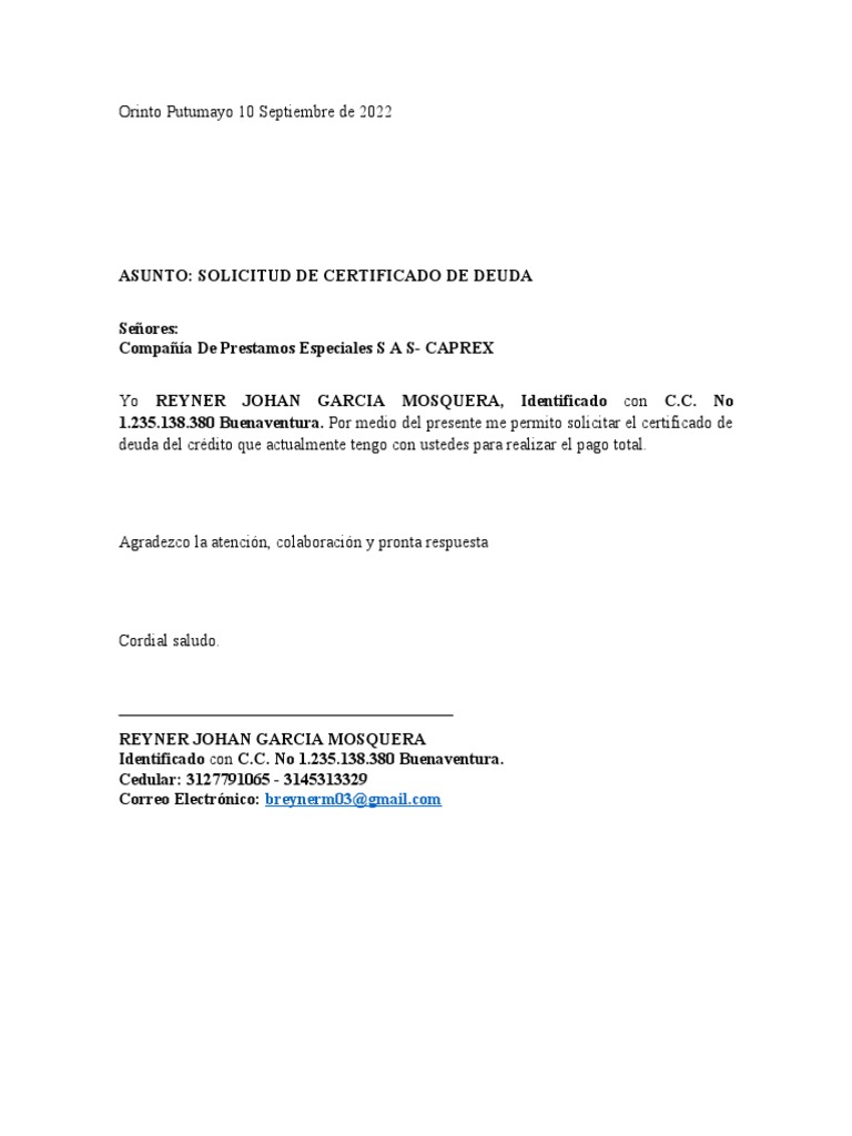 Carta Solicitud Certificado Deuda | PDF