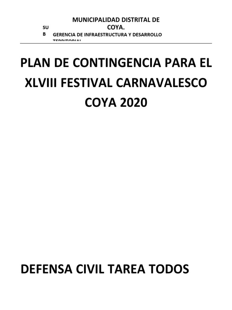Plan de Contingencia Festival Coya 2020 | PDF | Defensa Civil | Carnaval